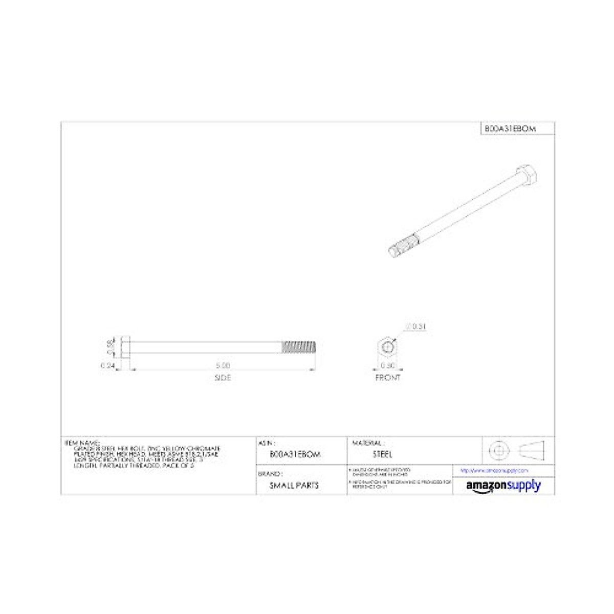Steel Hex Bolt, Grade 8, Zinc Yellow-Chromate Plated Finish, Hex Head, External Hex Drive, Meets ASME B18.2.1/SAE J429, 5" Length, Partially Threaded, 5/16"-18 Threads (Pack of 5)