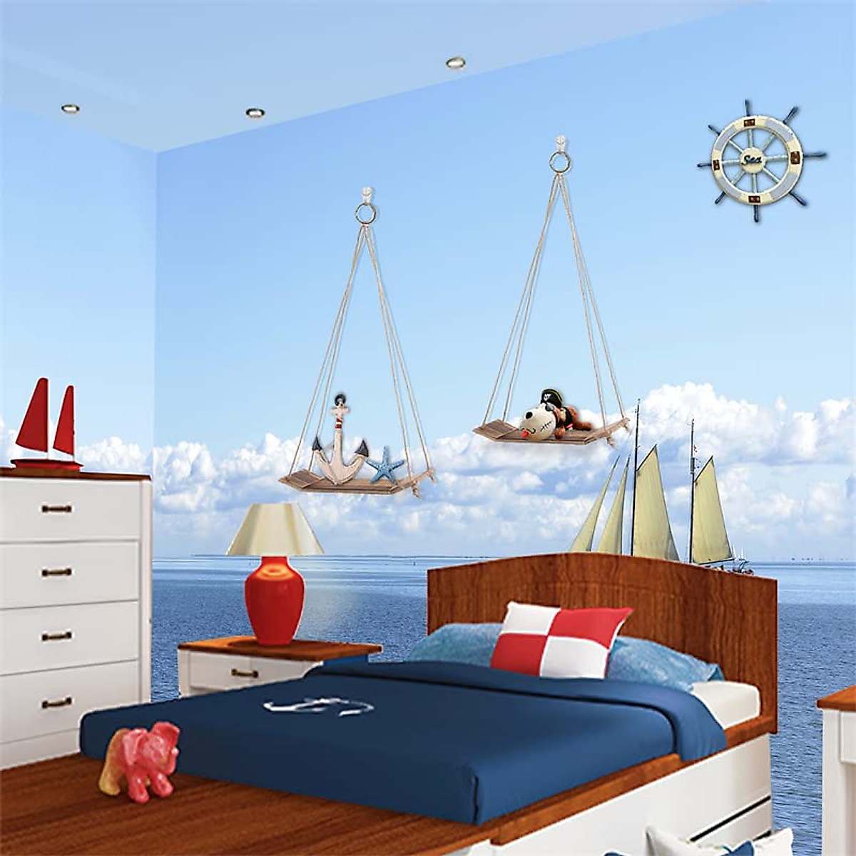 2 PCS Hanging Shelves for Wall, Wood Hanging Shelves for Wall, Cute Boho Room Rope Farmhouse Wooden Floating Small Bookshelves Decoration Wall Display Hanging Shelf for Living Room,Office, Bedroom