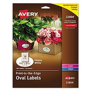Avery® Easy Peel® Print-To-The-Edge Permanent Inkjet/Laser Oval Labels, 22804, 1 1/2" x 2 1/2", Glossy White, Pack Of 180