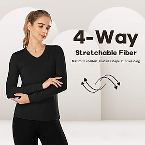 MANCYFIT Womens Thermal Underwear Long Johns Set with Fleece Lined Ultra Soft V Neck Black Large