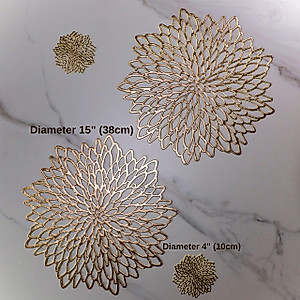Snowkingdom Pairs of 18 Gold Metallic Round Placemats & Coasters 36 PCS Matching, Bulk Round Pressed Vinyl Leaf Dinning Kitchen Table Mats Decoration for Christmas Wedding Thanksgiving Party
