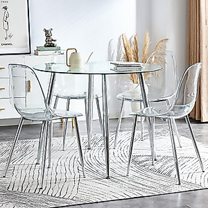 Deolme Modern Dining Table Set, Round Glass Table and 4 Clear Acrylic Chairs, Sturdy Chrome Legs, Easy to Clean, for Kitchen and Living Room