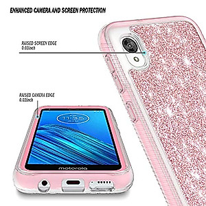 NZND Case for Motorola Moto E6 with Built-in Screen Protector, Full-Body Protection Bumper Shockproof Protective, Impact Resist Durable Cute Phone Case Cover -Glitter Shiny Bling Rose Gold