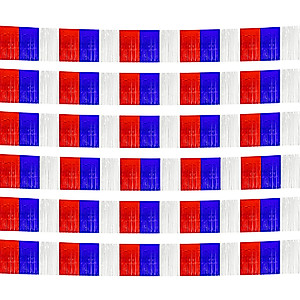 6 Pack 10 Feet White Blue Red Foil Fringe Garland Metallic Tinsel Streamers Banner Wall Hanging Fringe Backdrop Banner for Parade Floats Wedding Mardi Gras Birthday Independence Day Party Decoration