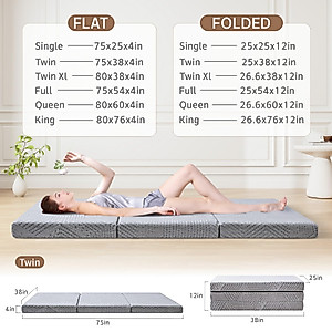 MUUEGM Folding Mattress, 4 Inch Twin Tri-fold Memory Foam Mattress, Foldable Mattress with Washable Cover, Trifold Mattress for Yoga/Camping/RV/Guest Beds,CertiPUR-US Certified