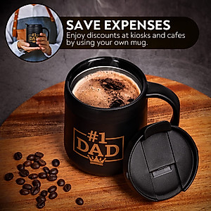 Durossi #1 Dad Coffee Mug with Handle & Lid - Worlds Best Father, Grandpa, Husband, Brother & Friend Gift for Valentines day & Birthday - Travel Gifts Ideas Cup Daughter Son - BPA Free