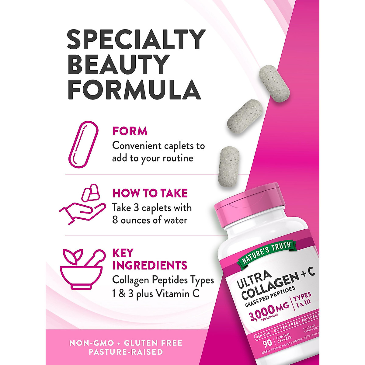 Nature's Truth Collagen Peptides | 90 Caplets | Type 1 and 3 with Vitamin C | Grass Fed, Non-GMO and Gluten Free Pill Supplement