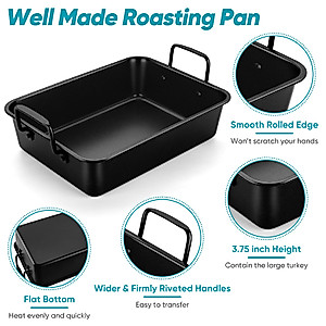 TeamFar Roasting Pan, 15’’ Nonstick Deep Lasagna Brownie Turkey Pan with V-Shaped Rack & Cooling Rack, with Stainless Steel Core & Nonstick Coating, Healthy & Sturdy Handles, Easy to Clean, Set of 3