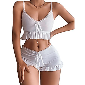 SweatyRocks Women's 2 Piece Lingerie Set Ruffle Trim Tie Front Cami Top and Shorts Sleepwear White S
