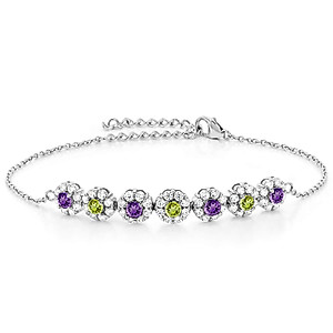 Gem Stone King 925 Sterling Silver Purple Amethyst and Green Peridot Tennis Bracelet For Women (1.22 Cttw, Gemstone February Birthstone, 7 Inch with 2 Inch Extender)