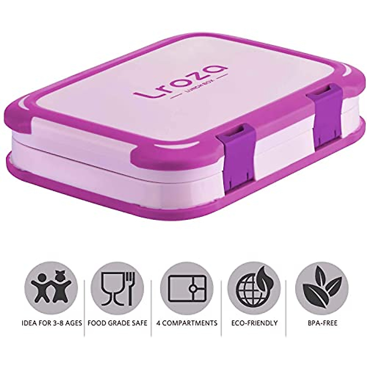 LROZA Leakproof Kids Lunch Box | 4-Compartment Bento Box for Kids | BPA-Free | School Lunch Container for Boys Girls | Children Travel On-the-Go Meal and Snack Packing Containers (PURPLE)