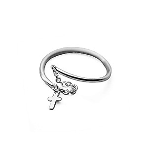 Izpack Minimalist Cross Stacking Rings Sterling Silver 925 for Women Girls Men Adjustable Simple Tassel Chain Dangle Charm Faith Hope Love Eternity Promise Ring Wrap Finger Statement Band Jewelry