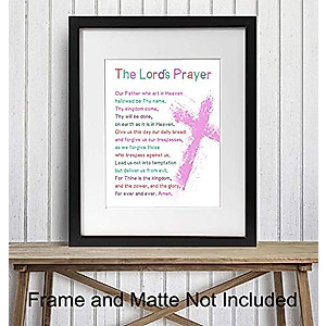 Lords Prayer Bible Verse Wall Art - Religious Scripture Girls Bedroom Decor - Christian Daughter Gifts for Toddler, Baby Girls Room - Blessed Church Sunday School Kids Decorations - Pink Cross Poster