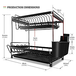 Zvonema Large Dish Drying Rack, 2-Tier Dish Racks for Kitchen Counter, Stainless Steel Dish Drainers with Drainboard & Removable Utensil Holder Cup Holder, Space Saving Dish Rack, Black