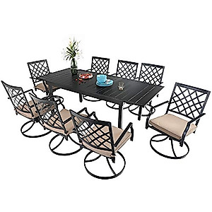 PHI VILLA 9 Piece Outdoor Furniture Dining Set, All-Weather Metal Steel Conversation Set Includes 8 Chairs and 1 Extendable Dining Table for Patio Garden Deck