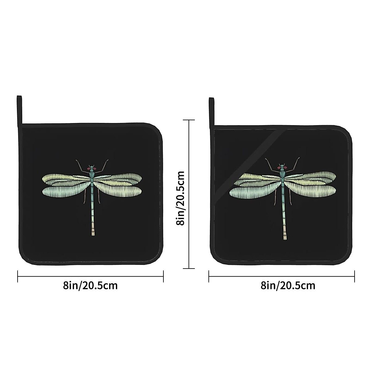Square Insulated Pot Holder Sets of 2,Dragonfly Black Printed Pot Holders for BBQ Cooking Baking