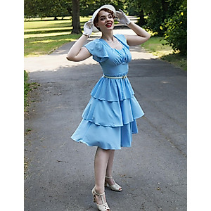 Short Sleeve Elegant Cocktail Party Dress 1950s Retro Square Neck Smocked Waist Tiered Layered Dress Light Blue XL