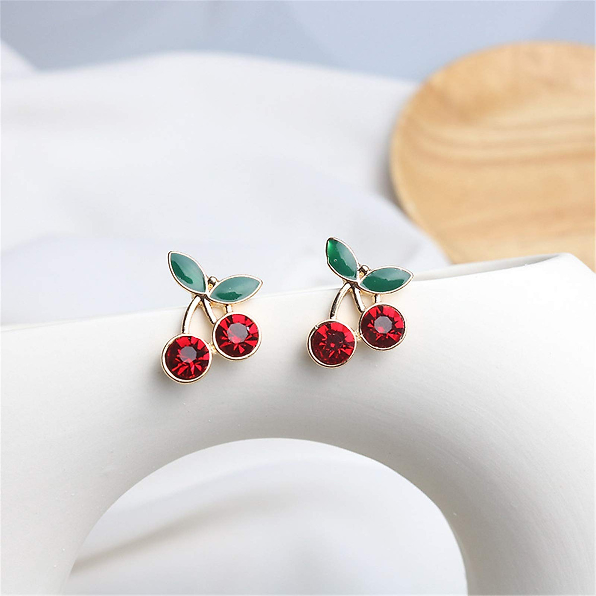coadipress 18K Gold Plated Red Cherry Stud Earrings for Women Elegant Shining Green Emerald Leaf CZ Crystal Ruby Cherries Post Earring (Cherry)