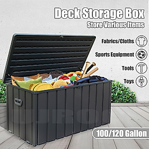 UJROQI 100 Gallon Deck Box Outside Storage Box, Lockable Storage Deck Boxes Waterproof Large Metal&Resin Deck Box with Rollers for Garden Tools Patio Cushions and Pool Supplies, Dark Grey