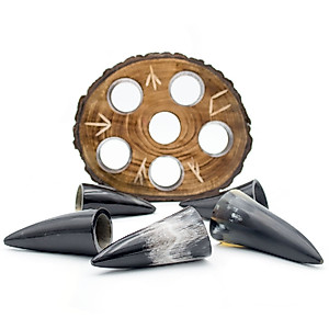 Norse Tradesman Genuine Drinking Horn Shot Glass Set (5) w/Rustic Wood Display Stand (Live Edge) | Engraved with Norse Runes | Packaged in Burlap Gift Sack