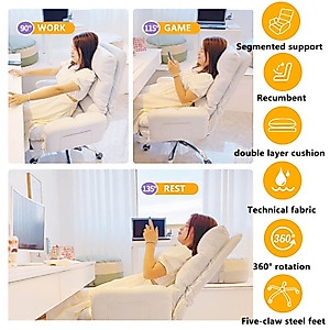Ergonomic Reclining Office Chair,Retractable Footrest,with 135° Backrest, Executive Swivel Fabric Chair for Office, Home, Study A White