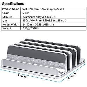 Syslux Vertical Laptop Stand [Upgrade Version], 3 Slots Space-Saving Aluminum Desktop Stand Holder with Adjustable Dock Size,Compatible with All MacBook/Surface/Lenovo/Dell/Gaming Laptops (Silver)