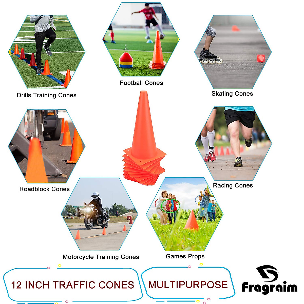 12 Inch Orange Traffic Training Cones, Plastic Safety Parking Cones, Agility Field Marker Cones for Soccer Basketball Football Drills Training, Outdoor Sport Activity & Festive Events - 12 Pack