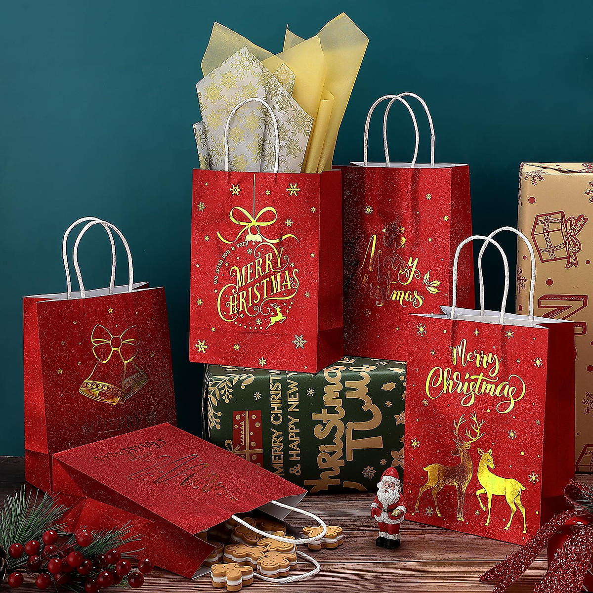 Christmas Gift Bags 24 Pcs, Red Glitter Christmas Bags for Gifts with Tissue Paper, 6 Styles Red and Gold Foil Paper Goodie Bags with Handles, Bulk Xmas Holiday Reusable Party Favor Treat Gift Bags