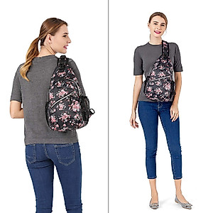 MOSISO Sling Backpack,Travel Hiking Daypack Pattern Rope Crossbody Shoulder Bag, Black Base Floral