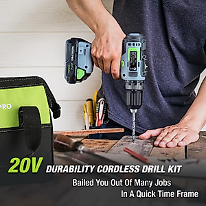WORKPRO 20V Cordless Drill Driver Kit, 3/8'' Keyless Chuck, 2.0 Ah Li-ion Battery, 1 Hour Fast Charger and 11-inch Green Storage Bag Included