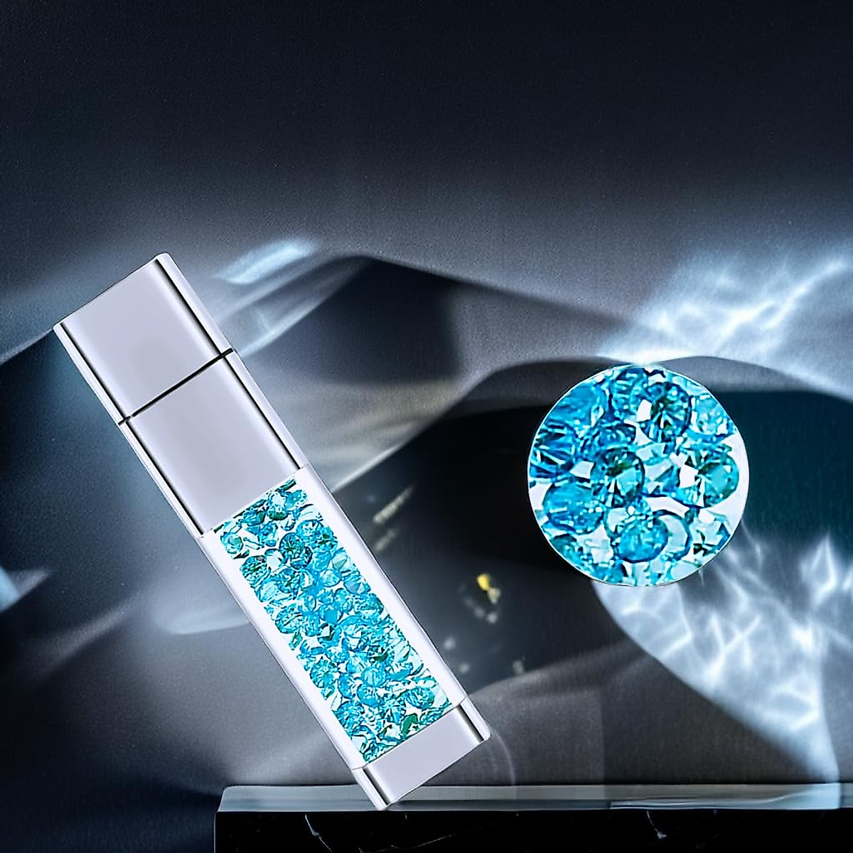 WooTeck 128GB Jewelry Crystal Lipstick USB Flash Drive,High Speed Memory Stick Pendrive, Lake Blue