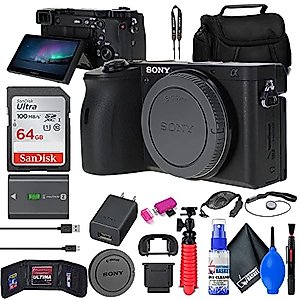 Sony a6600 Mirrorless Camera (ILCE6600/B) + 64GB Card + Card Reader + Case + Flex Tripod + Hand Strap + Memory Wallet + Cap Keeper + Cleaning Kit (Renewed)