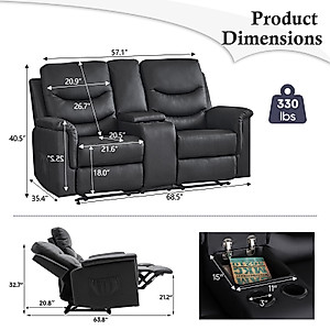 Consofa RV Recliner Loveseat, Reclining Loveseat with Console, Faux Leather Manual Recliner Loveseat, Wall Hugger Loveseat Recliner with Cup Holder and Side Pocket for Living Room