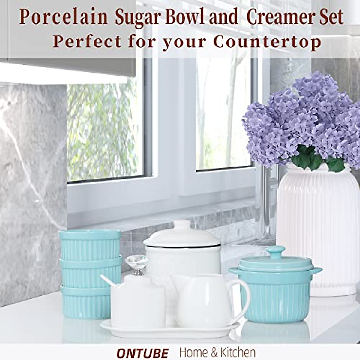 ONTUBE Porcelain Sugar and Creamer with tray and Crystal Lid Set of 4, Silver