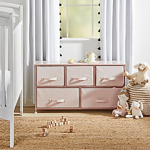 mDesign Chest of Drawers – Wide Set of Drawers with Wooden Top Shelf – Clothing Storage Tower for Socks, Underwear, Accessories – Pink/Rose Gold