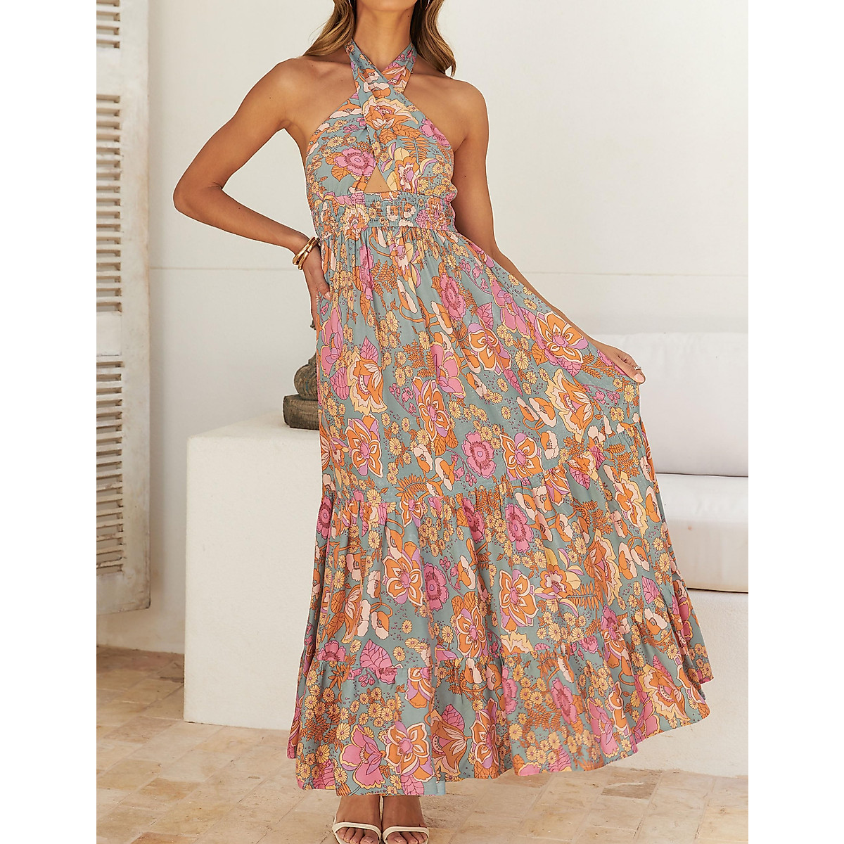 ZESICA Women's 2025 Summer Crossover Halter Neck Sleeveless Plaid Cut Out Backless Flowy A Line Maxi Dress,GreyGreen,Medium