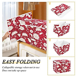 DIGTIA Chinese Traditional Flowers Storage Bins with Lids Red Background Foldable Storage Basket with Handles Collapsible Large Fabric Organizer Containers for Clothes Shelves Closet Office Home Bedro