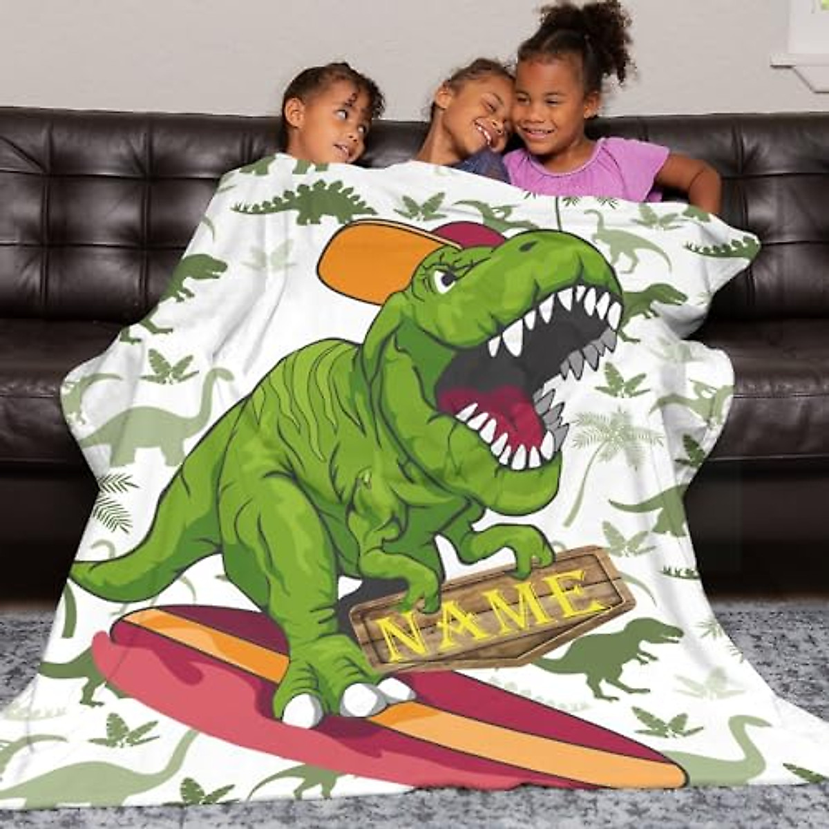 HSSQMH Personalized Dinosaur Blanket for Kids, Custom Dino Throw Blanket with Name for Boys and Girls, Toddler Bed, Room & Bedroom Decor, Unique Blankets for Children