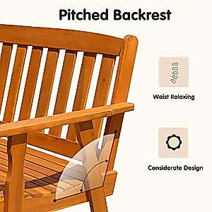 MCombo Patio Wood Garden Bench 2-Seat,Outdoor Acacia Loveseat Furniture, All-Weather Bench with Backrest and Armrest for Deck Porch Balcony Backyard, 260 lbs Capacity 6083-BC01-WD