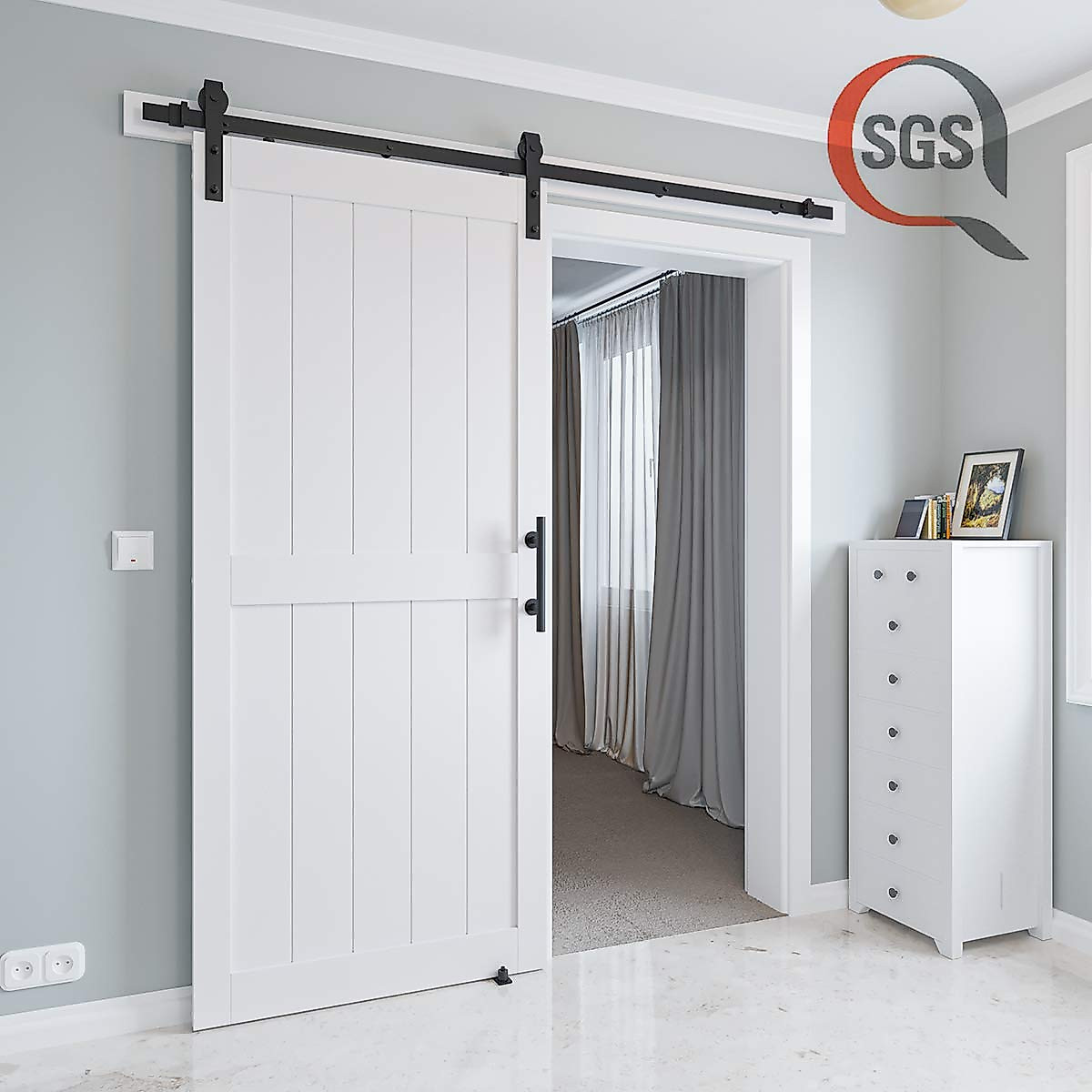COSHOMER 36in x 84in MDF Sliding Barn Door with 6.6ft Barn Door Hardware Kit & Handle, Pre-Drilled Holes Easy Assembly -Solid Barn Door Slab Covered with Water-Proof PVC Surface, White, H-Frame