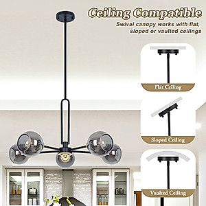 5-Light Globe Chandelier Pendant Lighting - Modern Large Semi-Flush Ceiling Light Fixture with Smoked Glass, Black Dining Room Light Fixture, Sputnik Light Fixture for Kitchen Living Room Bedroom