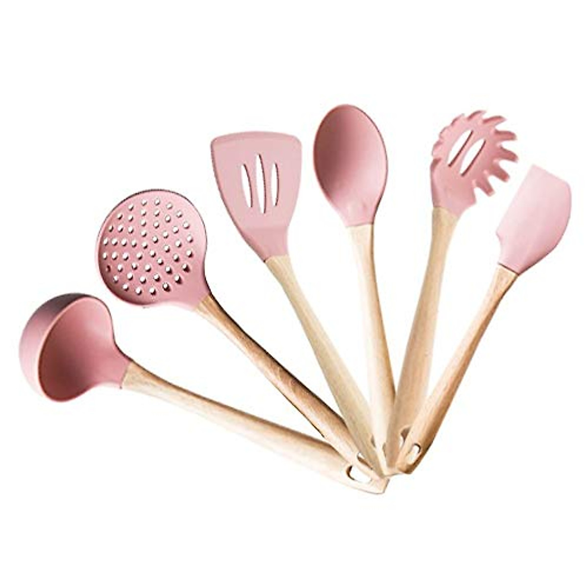 LMMDP Wooden Handle Silica Gel Cooker Non-stick Pan Household Kitchen Utensils Cooking Spoon Shovel Set