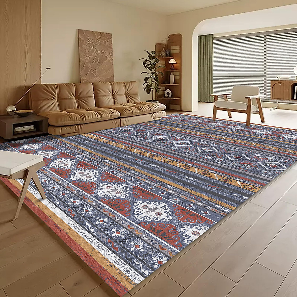 RUGSURE Washable Area Rugs 4' x 6' - 1/6 Thick - Moroccan-Inspired -Stain & Water Resistant Non-Slip - Resistant Rug for Living Room, Bedroom, Nursery, Pet & Child Friendly (Blue and Red)