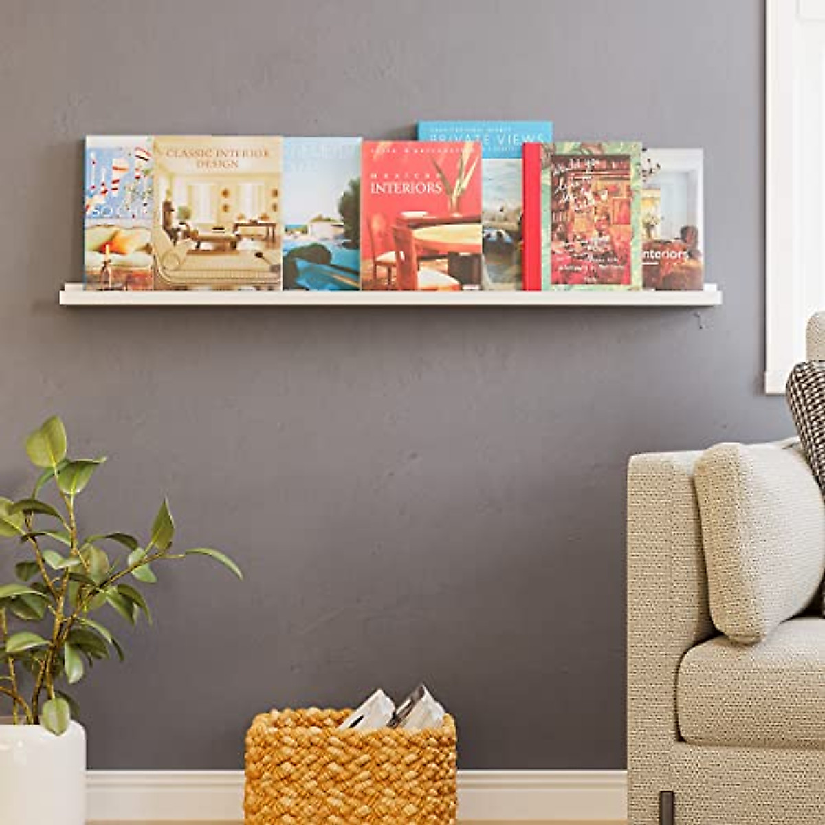 Wallniture Denver 46" White Floating Shelves for Wall Decor, Wall Bookshelves for Living Room, Photo Ledge for Bedroom, Rustic Wall Shelves, Floating Wall Bookshelf, Wood Picture Ledge Shelf Set of 4