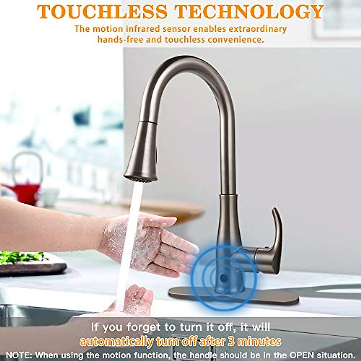 Touchless Kitchen Faucet, Kitchen Sink Faucet with Pull Down Sprayer, Dual Function Pull Out Spray Head, One Hole and 3 Hole Deck Mount, Single Handle for Automatic Motion Sensor, Brushed Nickel