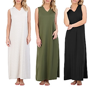 Real Essentials 3 Pack: Womens Sleeveless Tank V-Neck Adult Nightgown Long Soft Nightshirt Women Night Gowns Nightdress Sleep Lounge Dress Sleepwear Pajama PJs sleeping Ladies PJ Chemise - Set 4, L