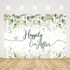 AIBIIN 7x5ft Happily Ever After Backdrop for Wedding Eucalyptus Leaves Gold Dots Photography Background Bridal Shower Wedding Party Decorations Banner Photo Props