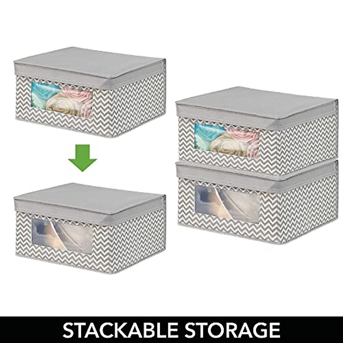 mDesign Medium Fabric Stackable Closet Storage Organizer Box, Front Window/Lid - Bedroom, Office, Mudroom Organization, Hold Clothes, Blankets, Linens, Spira Collection, 4 Pack, Taupe/Natural Chevron