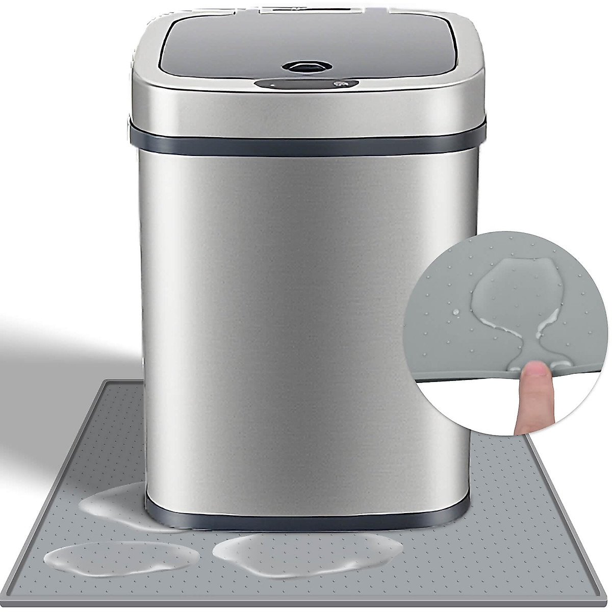 TOHONFOO Waterproof Trash Can Mat with Raised Edge, Non-Slip Under Garbage Can Mat for Reduce Floor Carpet Wall Scratches, Protective Silicone Rubber Tray for Kitchen