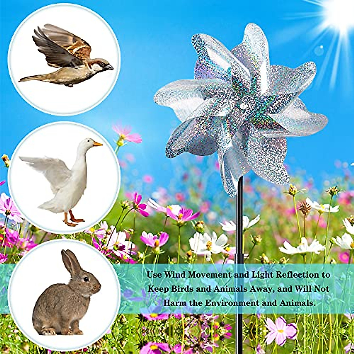 16 PCS Reflective Pinwheels with Stakes, NOVWANG Extra Sparkly Pinwheels for Yard and Darden, Garden Pinwheels Bulk, Bird and Animal Deterrent Device to Scare Birds Away from Patio(Silver)